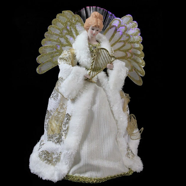 12" Angel In Gold and Cream Gown with Harp Lighted Fiber Optic Christm ...