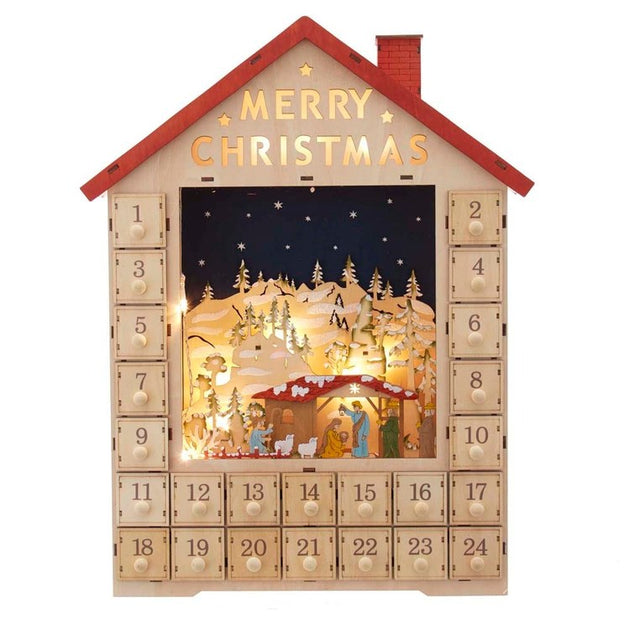 19" Battery-Operated Light-Up Advent Calendar House with Nativity Scen ...