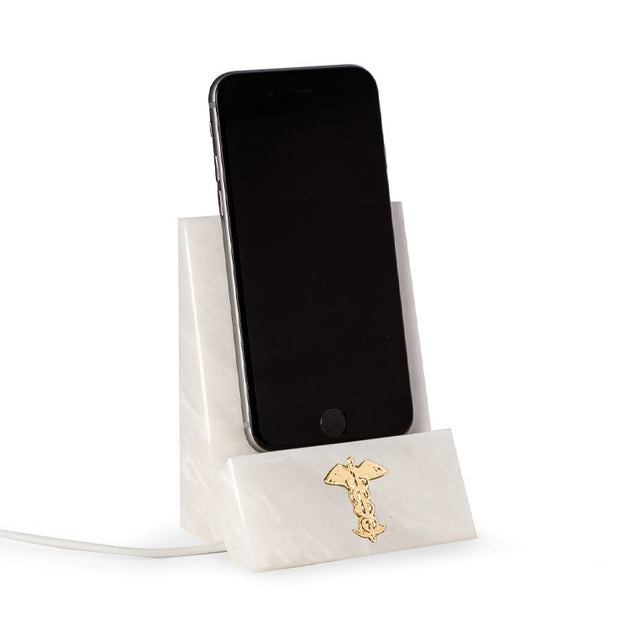 White Marble Phone/Tablet Cradle w/ Pass-Thru Hole for Charging Cable ...