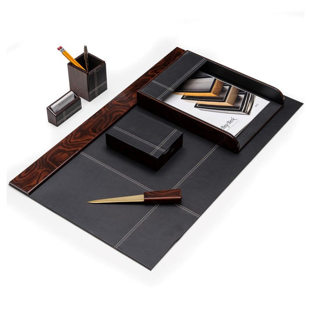 Six-Piece Burl Wood and Black Leather Desk Set - Riverbend Home